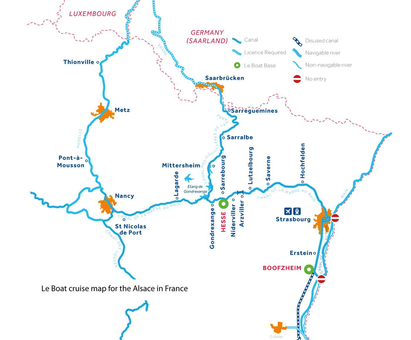 Le Boat cruise routes for Alsace