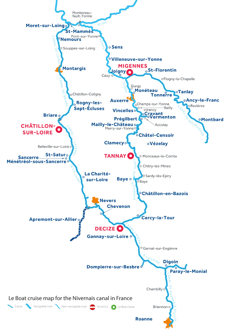 Le Boat cruise routes for Burgundy canal