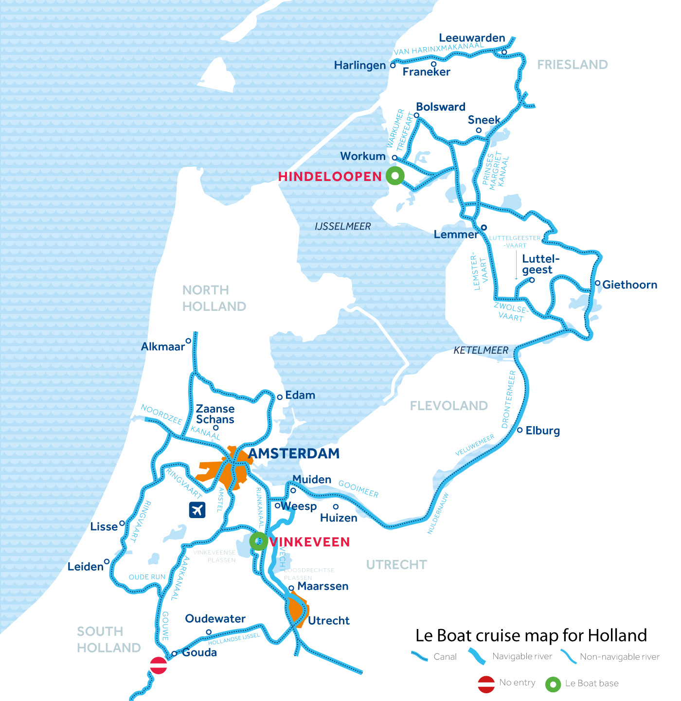 Le Boat cruise routes for Holland