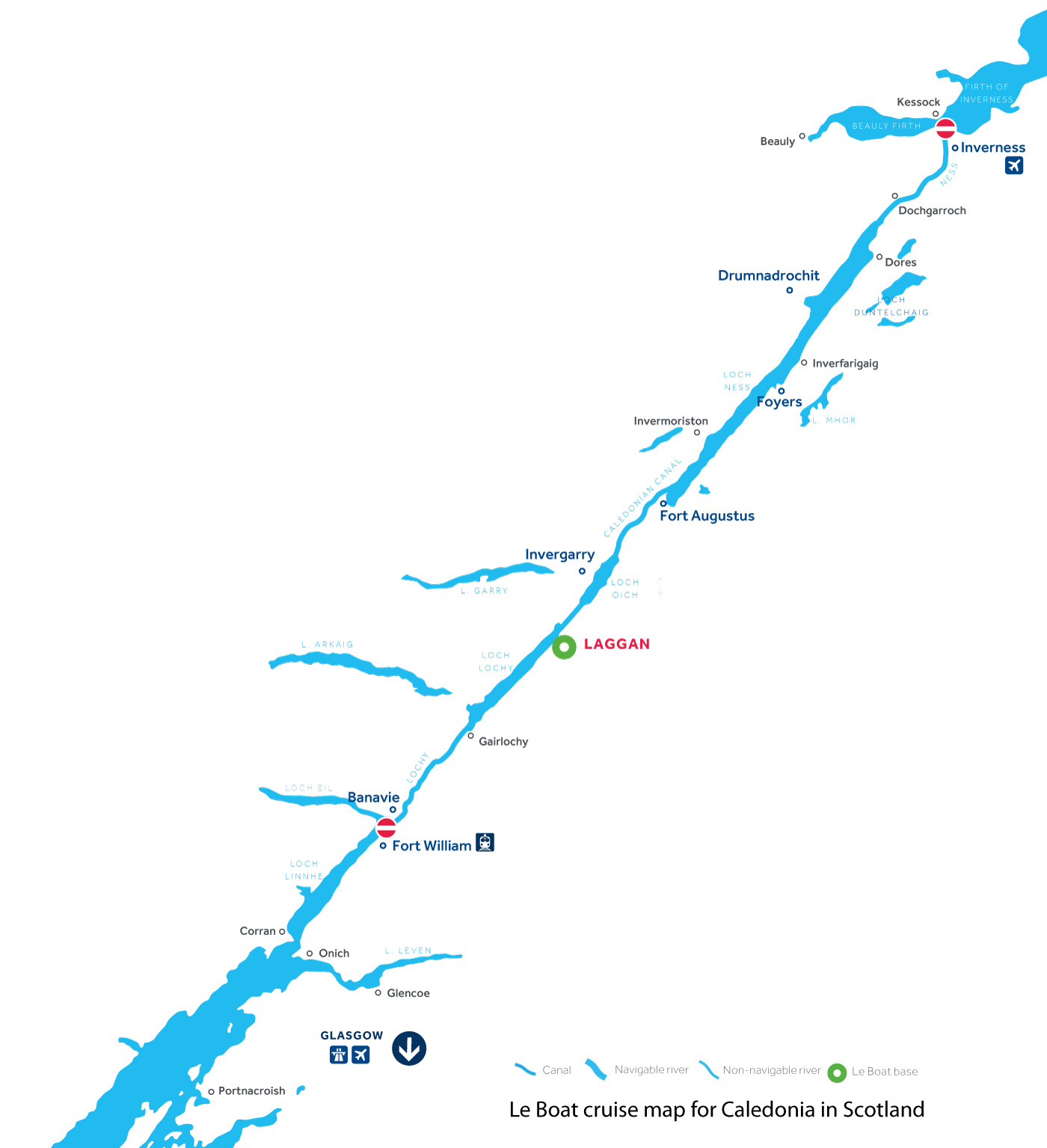 Le Boat cruise routes for Caledonian Canal