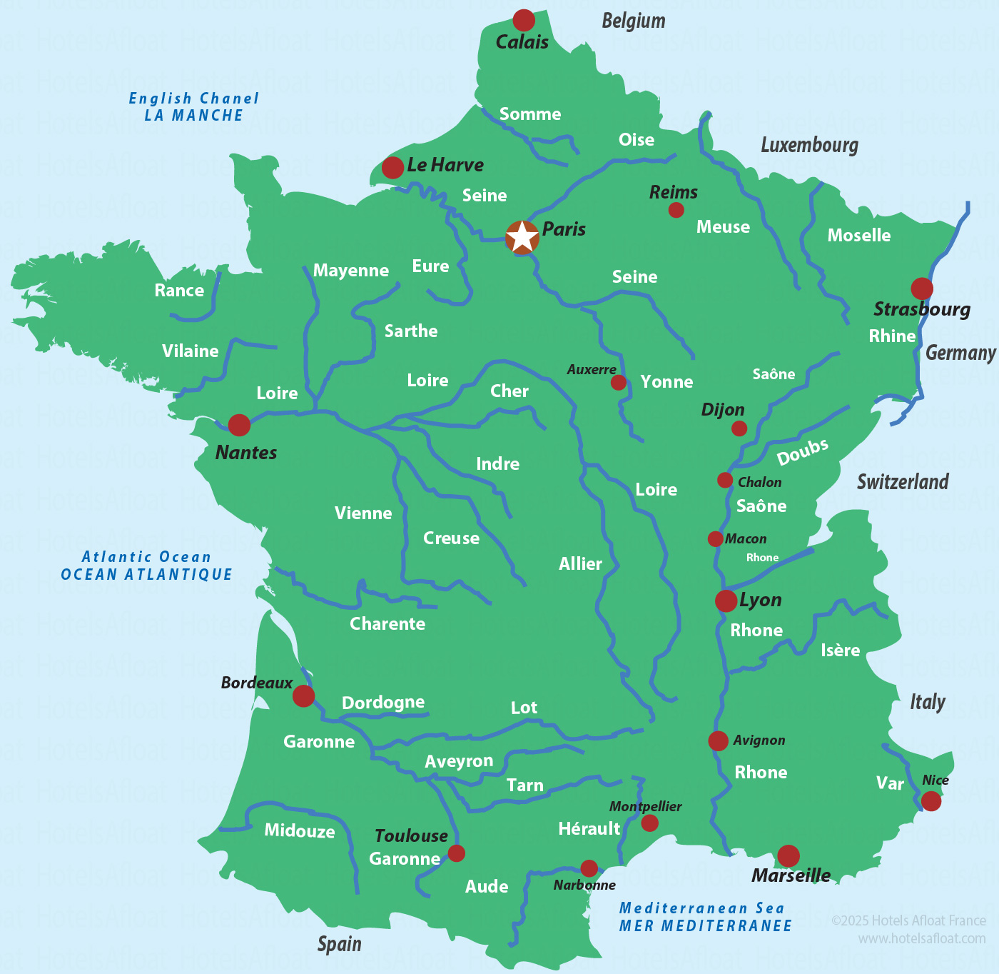 A Map Showing The Main Rivers Of France